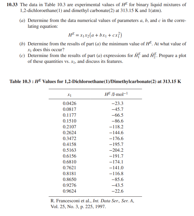 Solved 10.33 The data in Table 10.3 are experimental values | Chegg.com