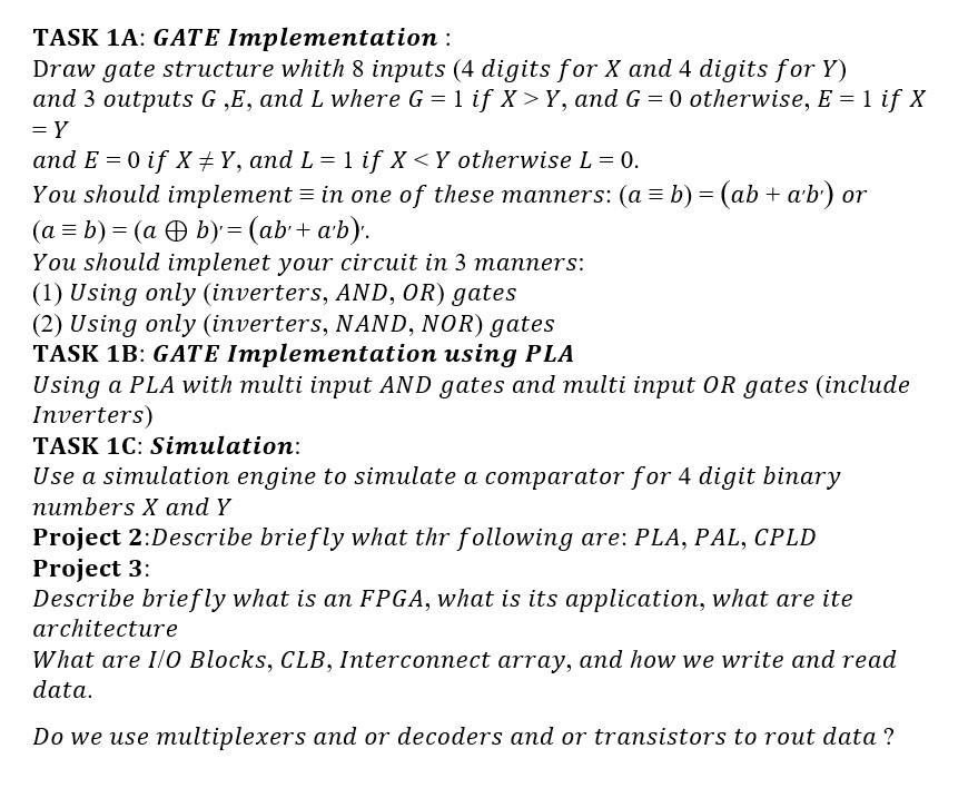 TASK 1A: GATE Implementation : Draw gate structure | Chegg.com