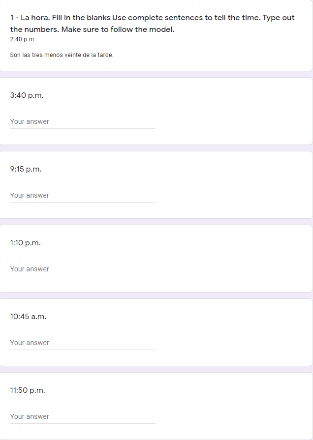 1 - La hora. Fill in the blanks Use complete | Chegg.com