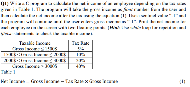 Solved Q1) Write a C program to calculate the net income of | Chegg.com