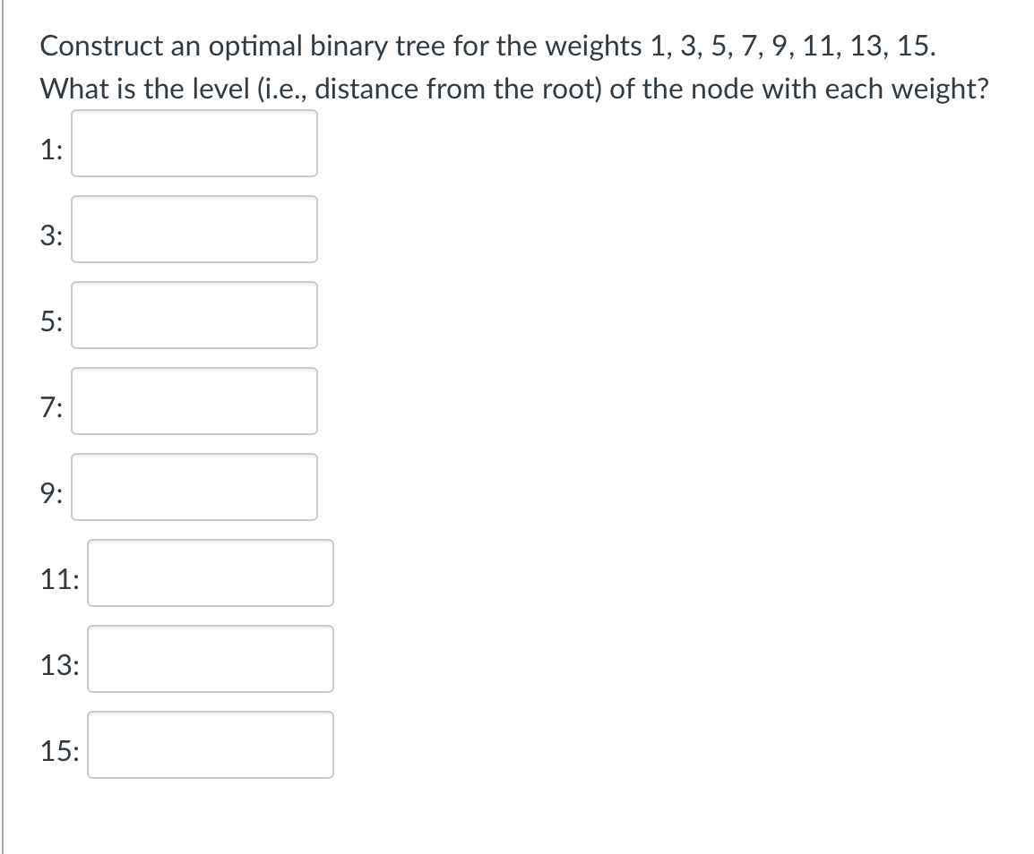 Solved Construct an optimal binary tree for the weights 1, | Chegg.com