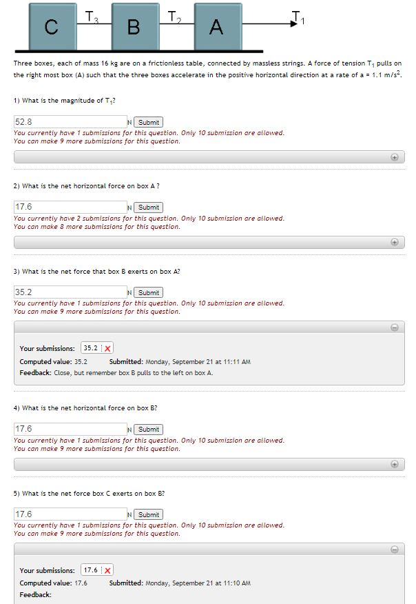 Solved T2 T TA 2 C B A Three boxes, each of mass 16 kg are | Chegg.com