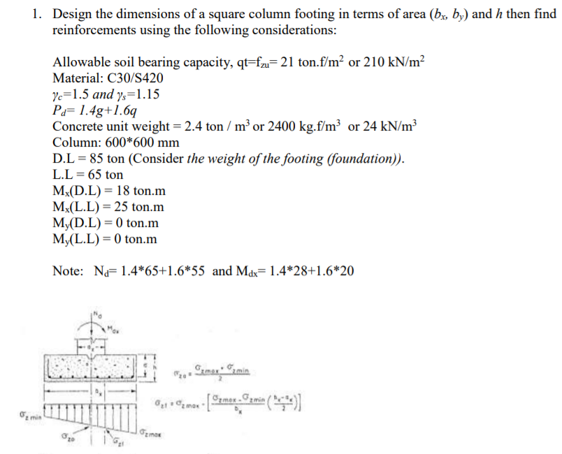 Solved 1. Design the dimensions of a square column footing | Chegg.com