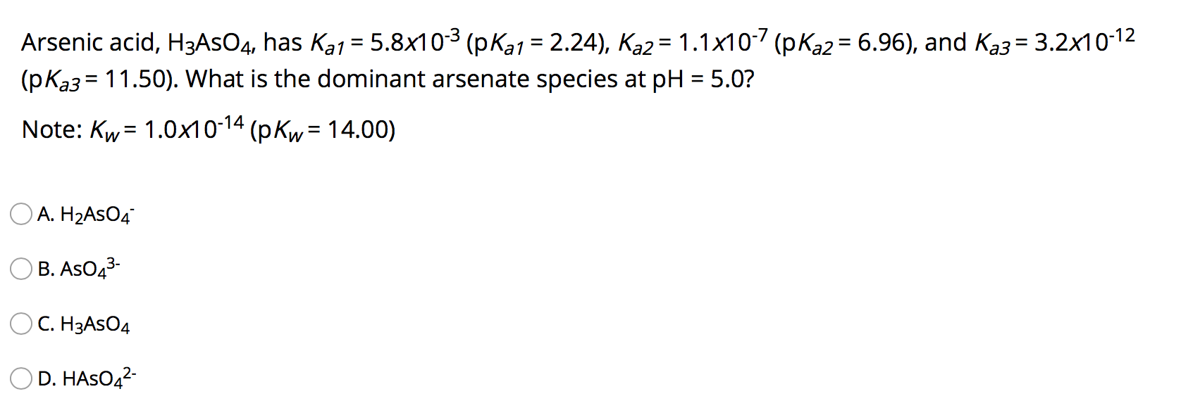 Solved Arsenic acid, H3ASO4, has Kai = 5.8x10-3 (pKa1 = | Chegg.com