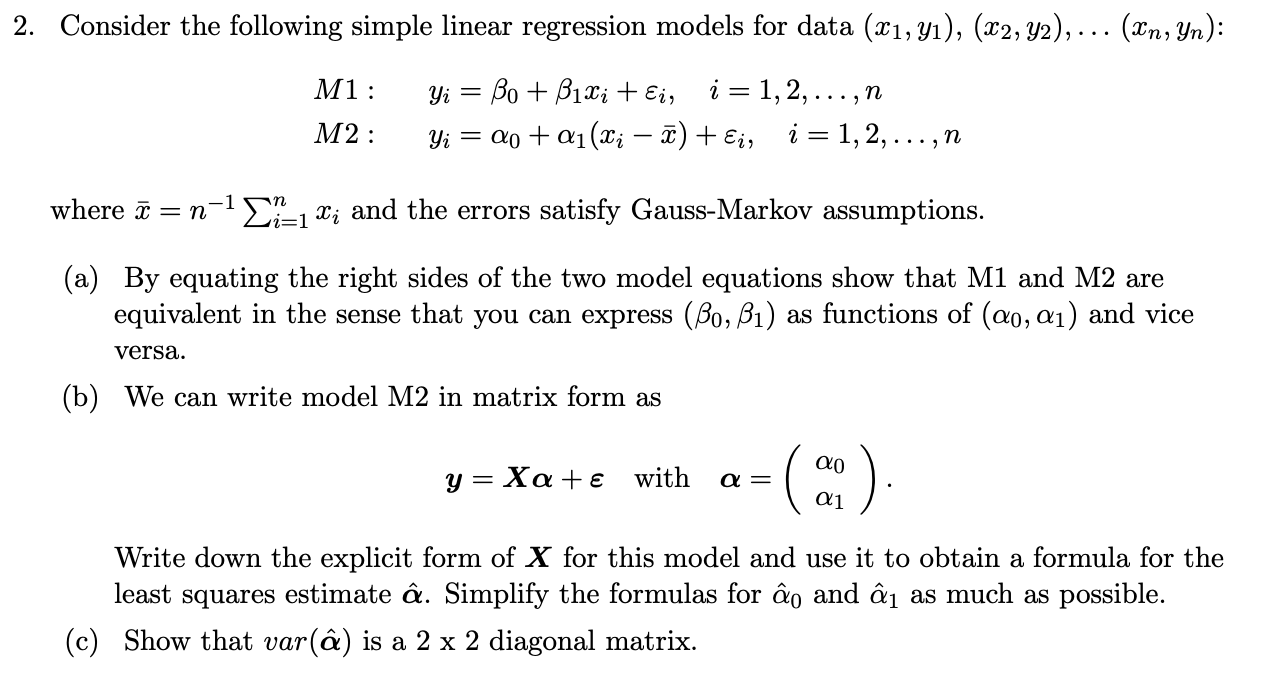 Solved 2. Consider the following simple linear regression | Chegg.com