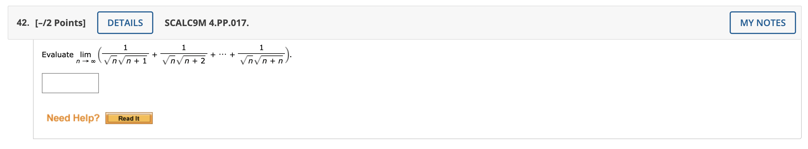 Solved SCALC9M 4.PP.017. im→∞(nn+11+nn+21+⋯+nn+n1) | Chegg.com