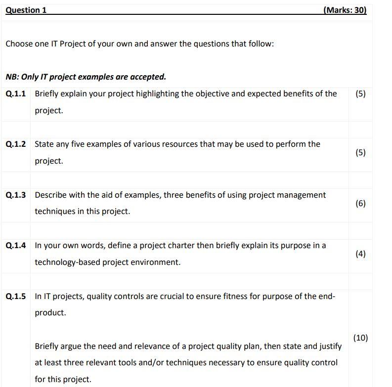 Solved Question 1 (Marks: 30 ) Choose one IT Project of your | Chegg.com