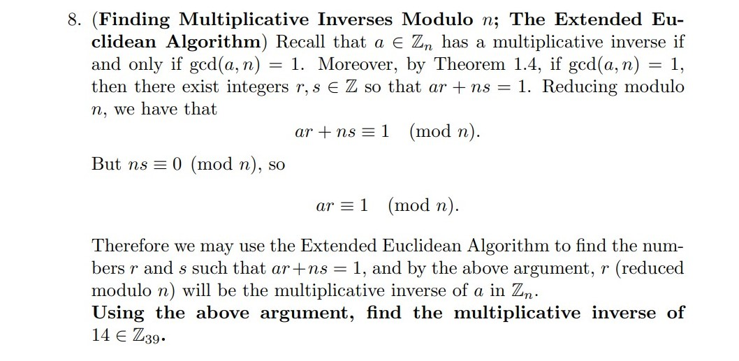 Solved 8. (Finding Multiplicative Inverses Modulo n; The | Chegg.com