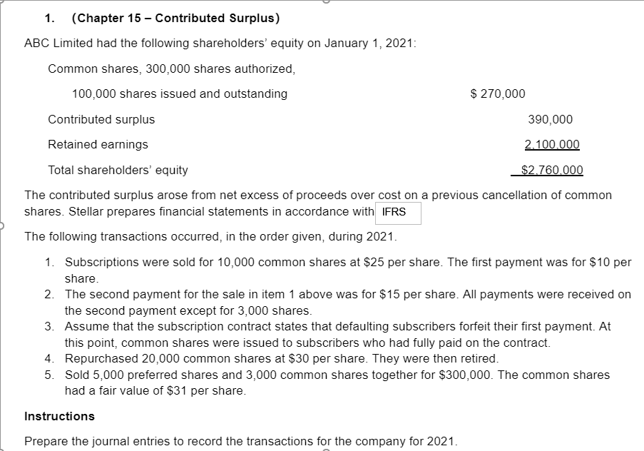 Solved 1. (Chapter 15 - Contributed Surplus) ABC Limited had | Chegg.com