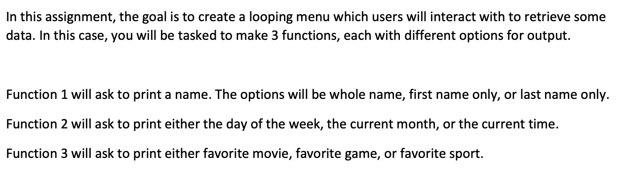 Solved In this assignment, the goal is to create a looping | Chegg.com