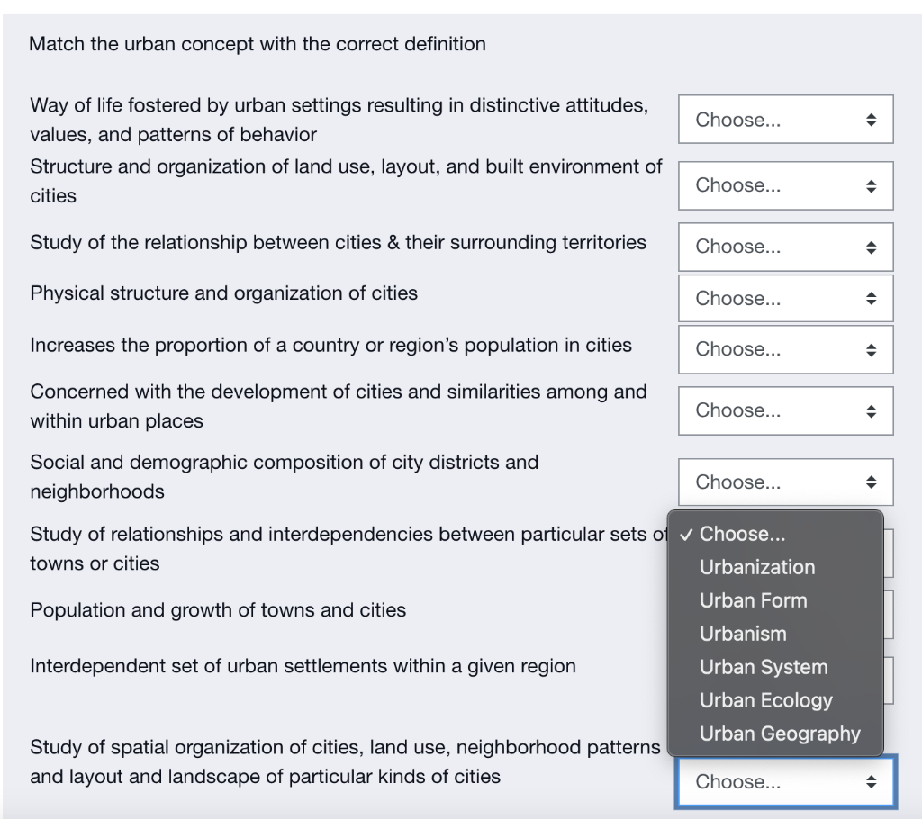 Solved Match the urban concept with the correct definition | Chegg.com