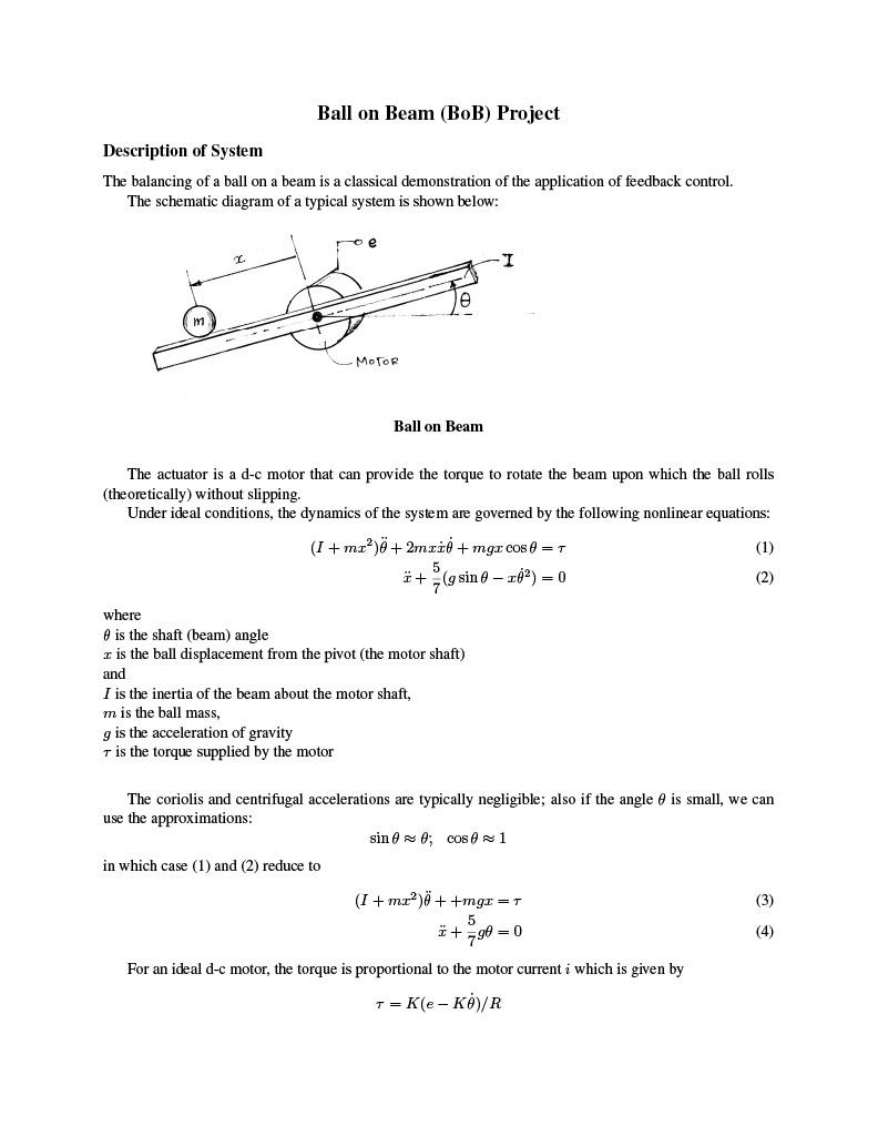Ball on Beam (BOB) Project Description of System The | Chegg.com