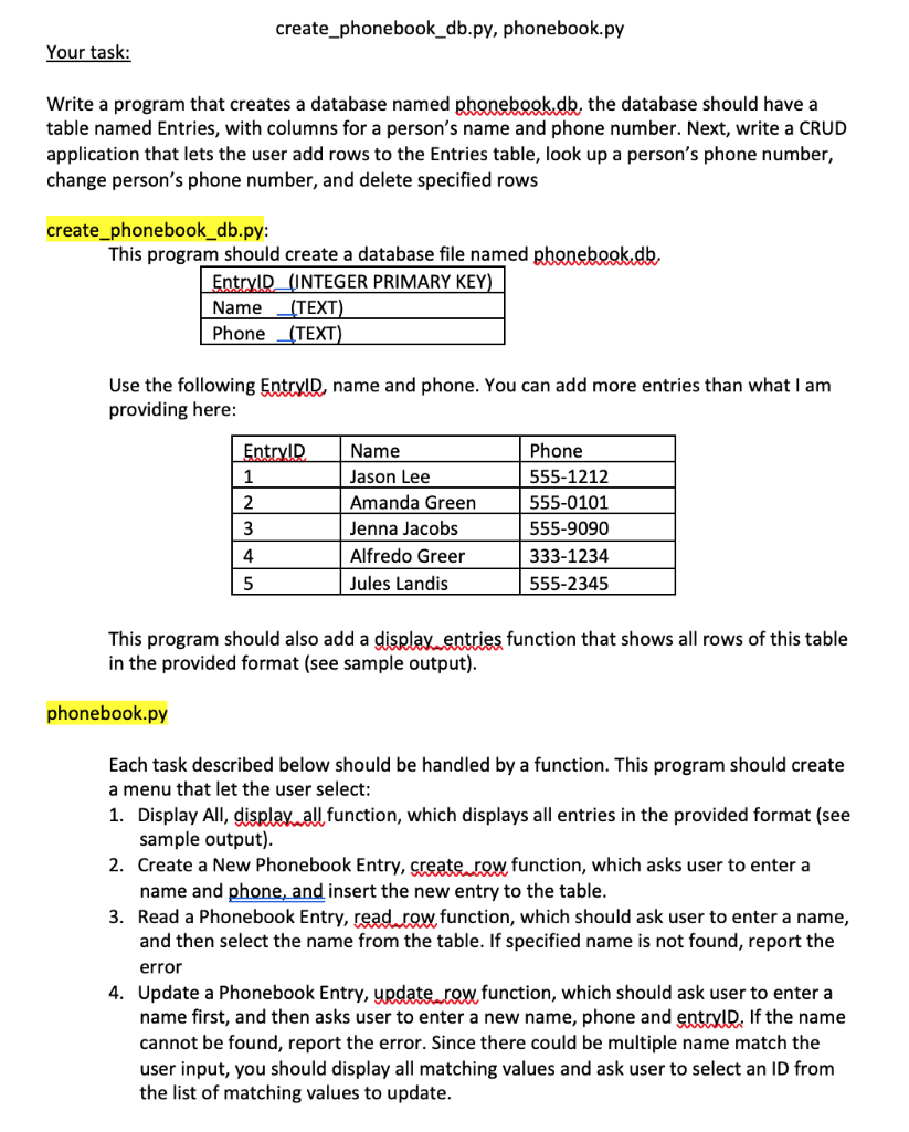 Solved Createphonebookdbpy Phonebookpy Your Task Write 7298