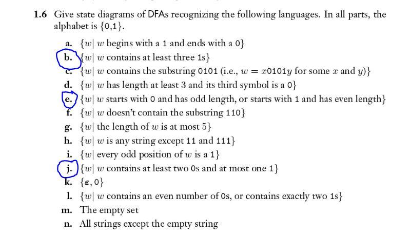 Solved 1.6 Give state diagrams of DFAs recognizing the | Chegg.com