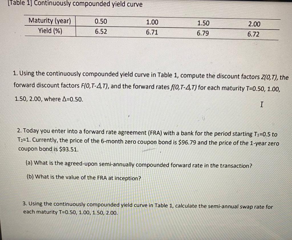 (Table 1] Continuously compounded yield curve 0.50 | Chegg.com