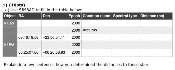 1) (10pts) a) Use SIMBAD to fill in the table below: | Chegg.com