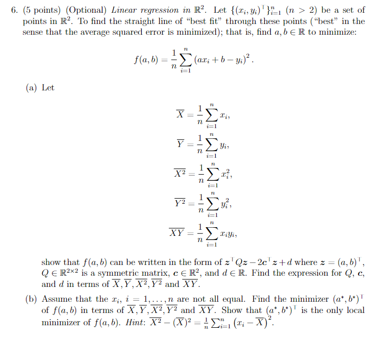 Solved 6. (5 points) (Optional) Linear regression in R2. Let | Chegg.com