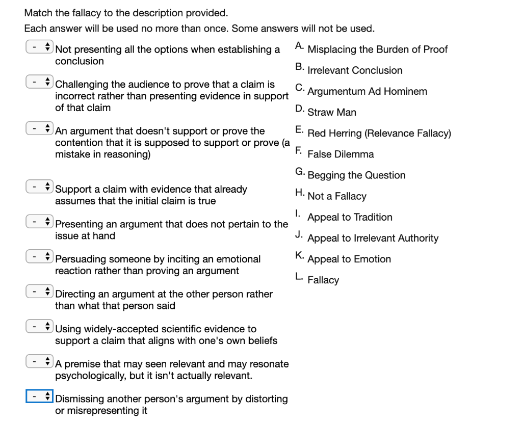 Solved Match the fallacy to the description provided Each | Chegg.com