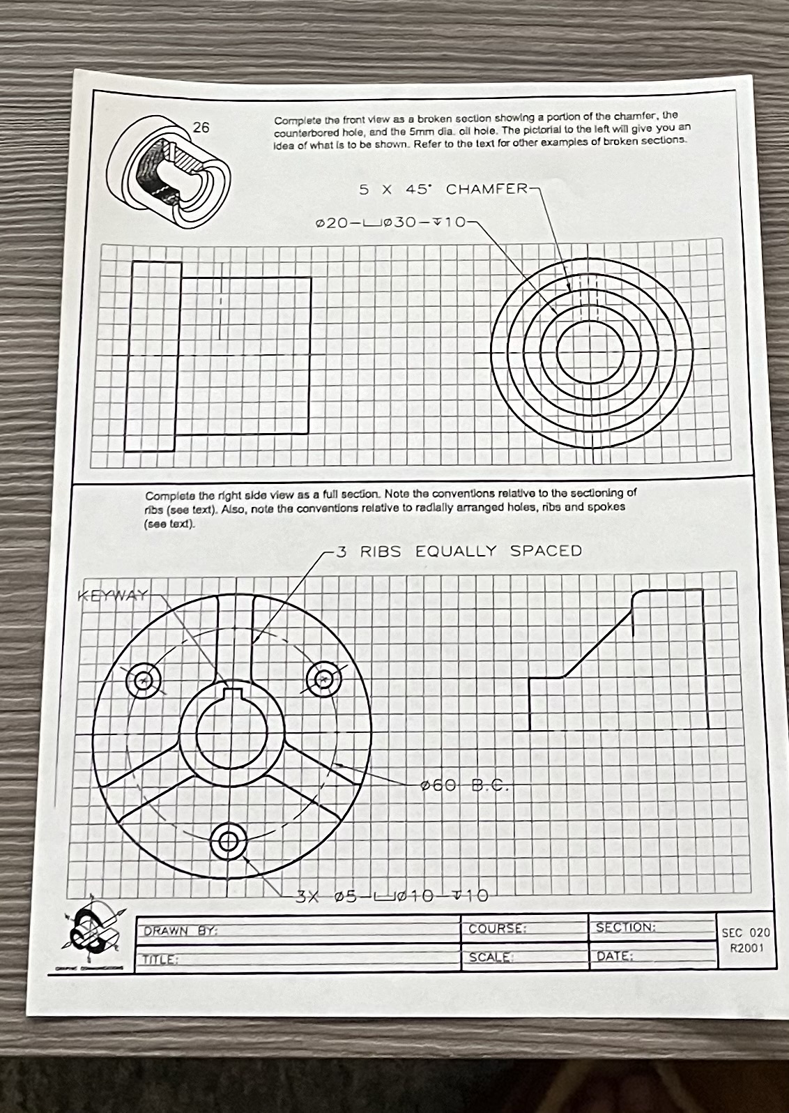 Solved Complete the front view as a broken section showing a | Chegg.com