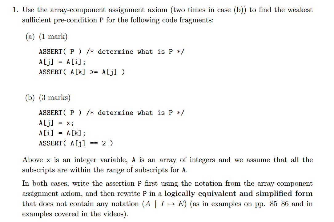 1. Use the array-component assignment axiom (two | Chegg.com