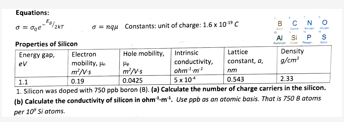 Solved by an EXPERT Equations:Silicon was doped with 750 ppb ﻿boron ...