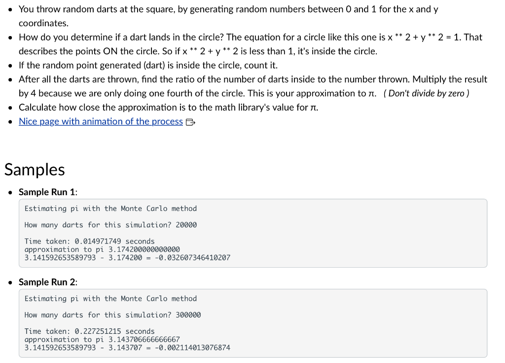 - You throw random darts at the square, by generating | Chegg.com