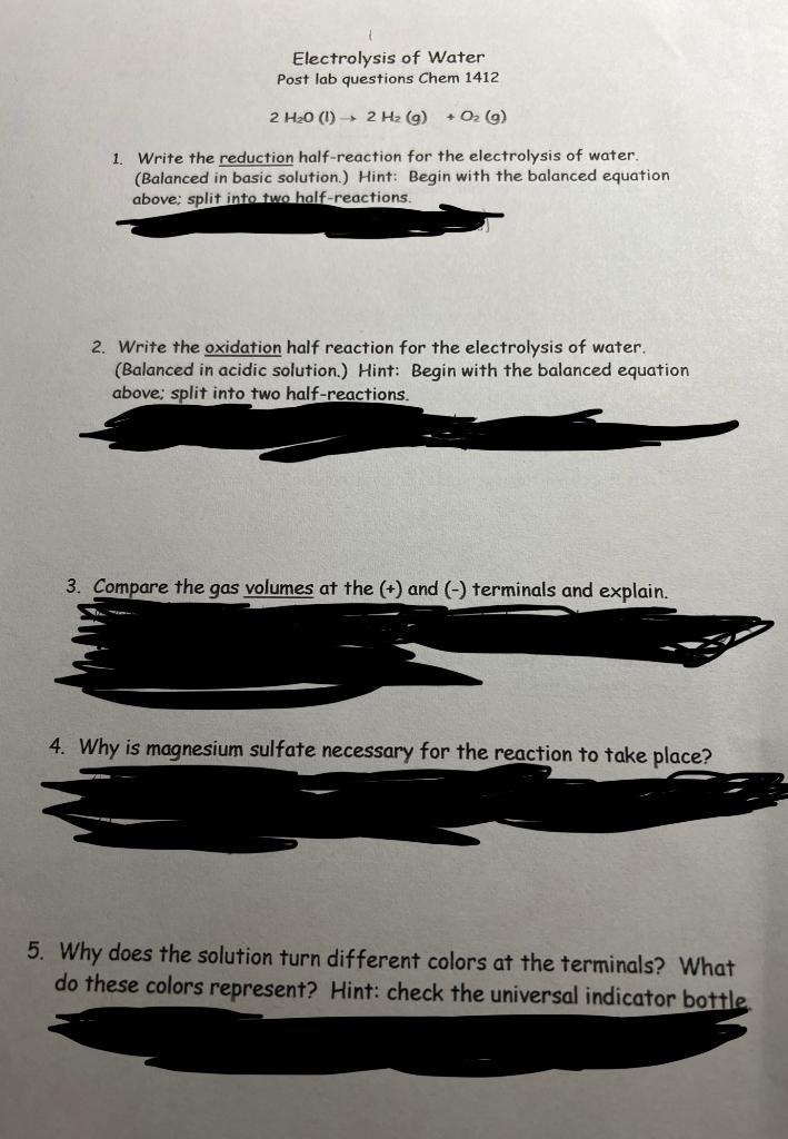 Solved Electrolysis of Water Post lab questions Chem 1412 | Chegg.com