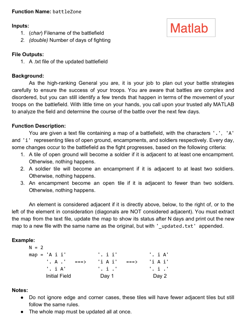 Function Name: battleZone Matlab Inputs: 1. 2. (char) | Chegg.com