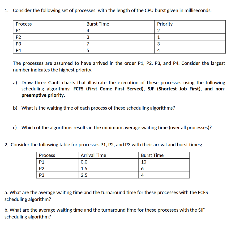 Solved 1. Consider the following set of processes, with the | Chegg.com