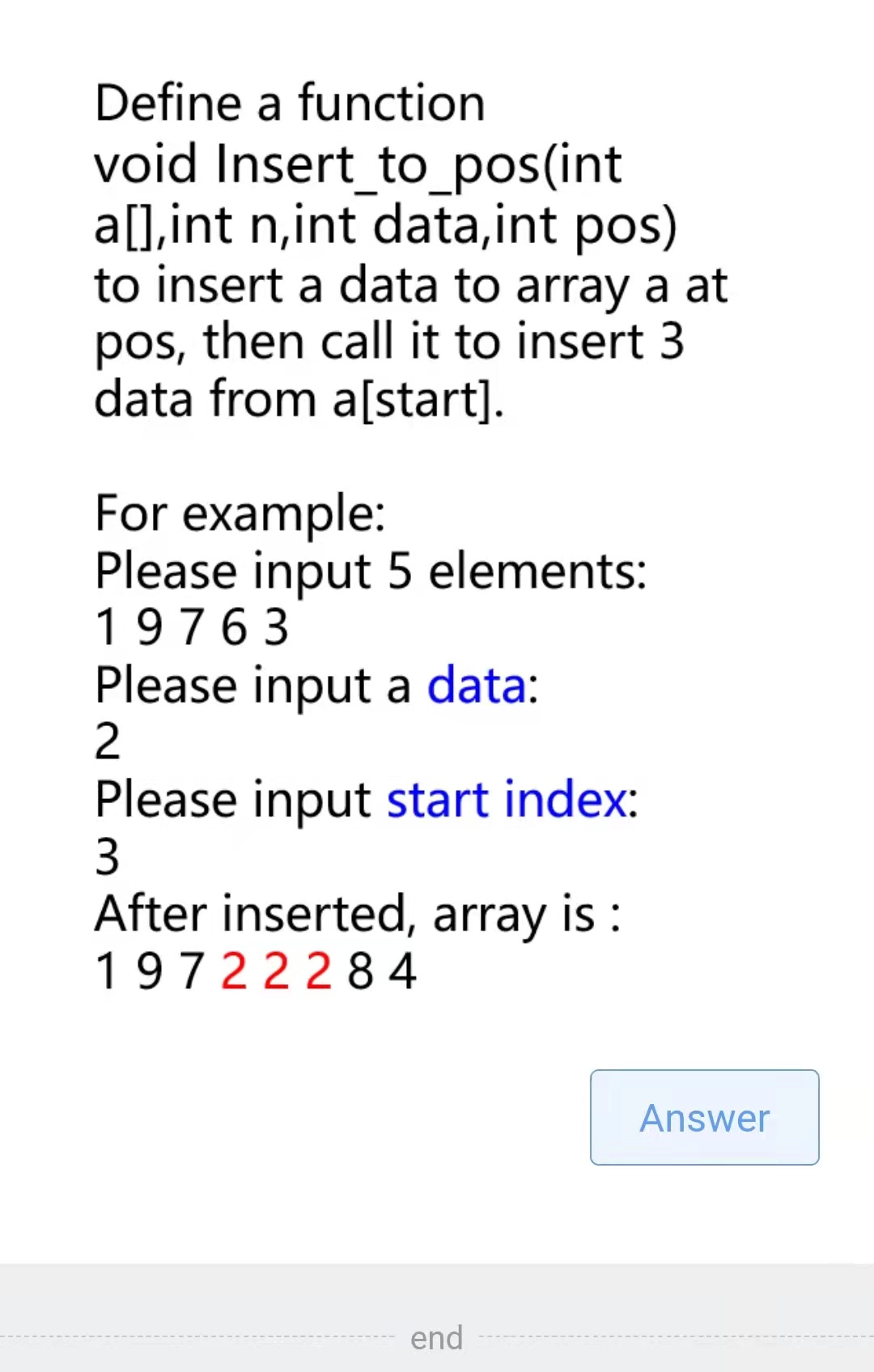 Solved Define a function void Insert_to_pos(int a[], int n, | Chegg.com