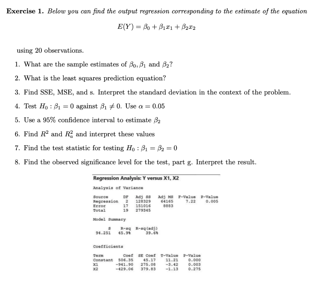 Solved Exercise 1. Below you can find the output regression | Chegg.com