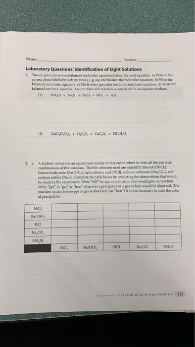 Solved Name Section Laboratory Questions: Identification of | Chegg.com