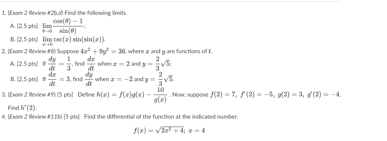 Solved 1. (Exam 2 Review #2b,d) Find the following limits A. | Chegg.com