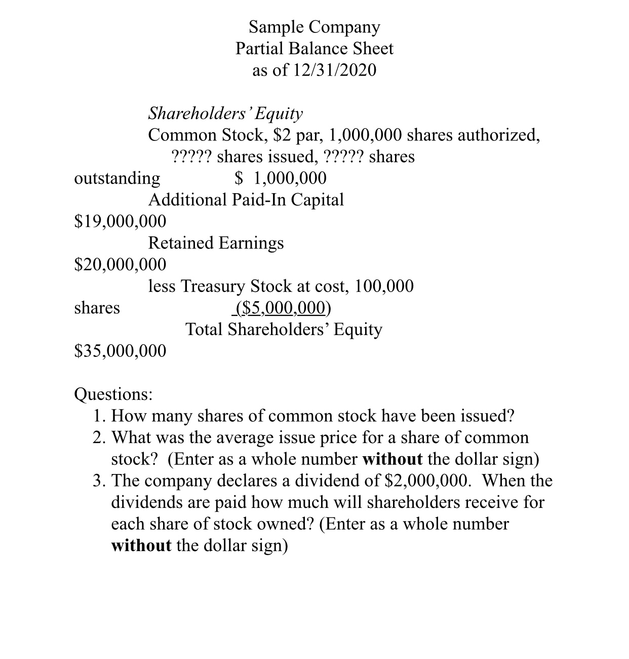 Solved Sample Company Partial Balance Sheet as of 12/31/2020 | Chegg.com