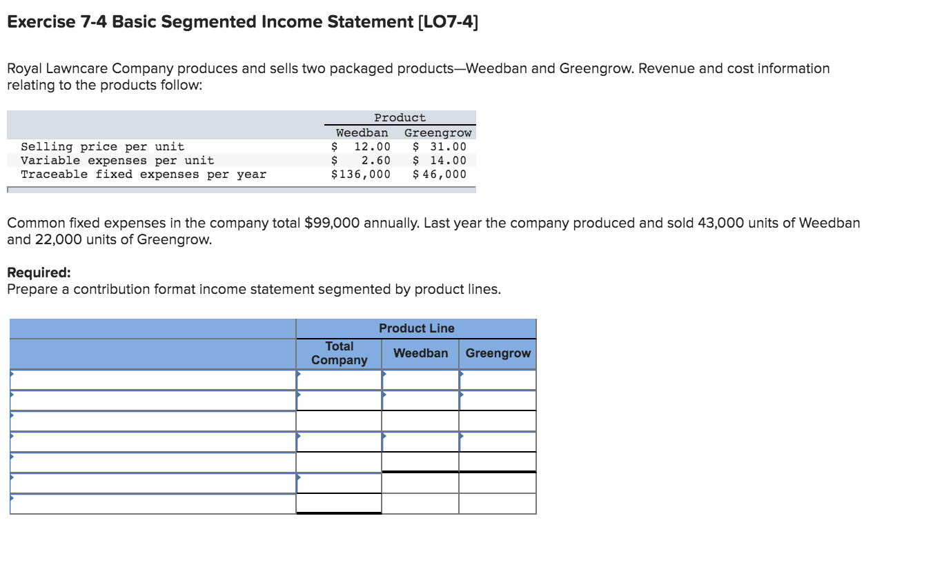 Solved Exercise 7-4 Basic Segmented Income Statement (LO7-4] | Chegg.com