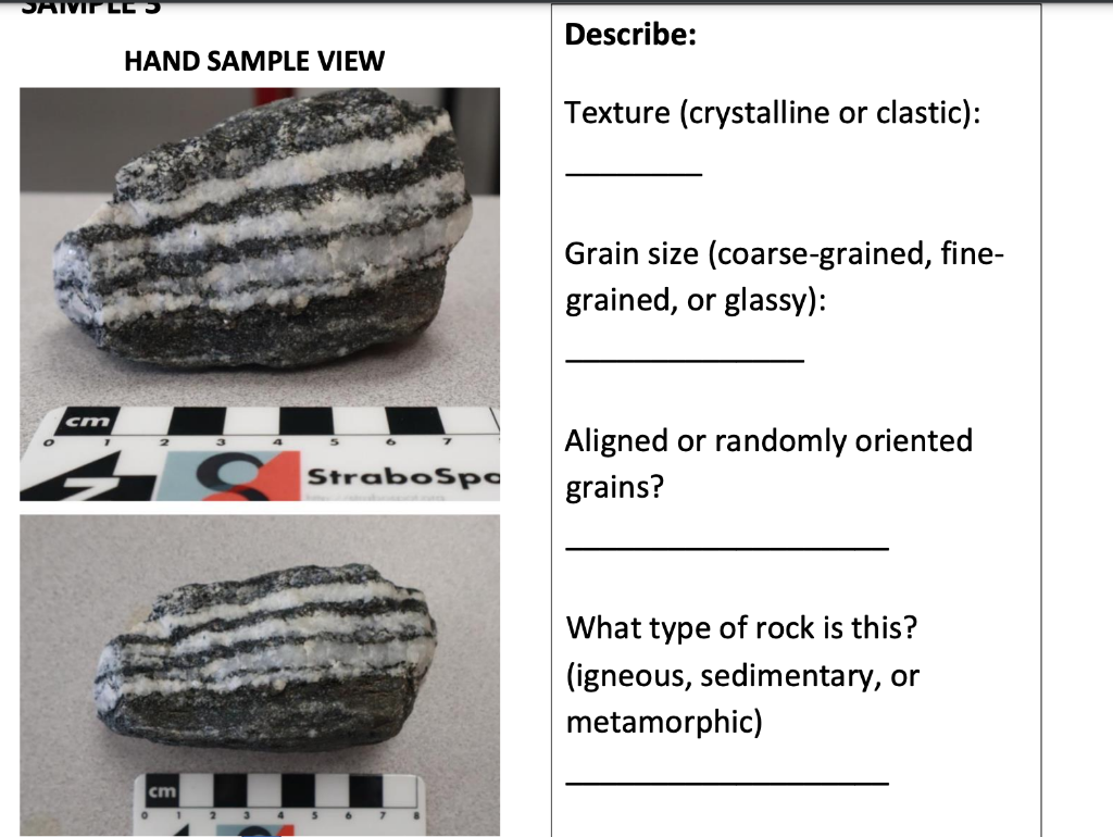Solved LL Describe: HAND SAMPLE VIEW Texture (crystalline or | Chegg.com