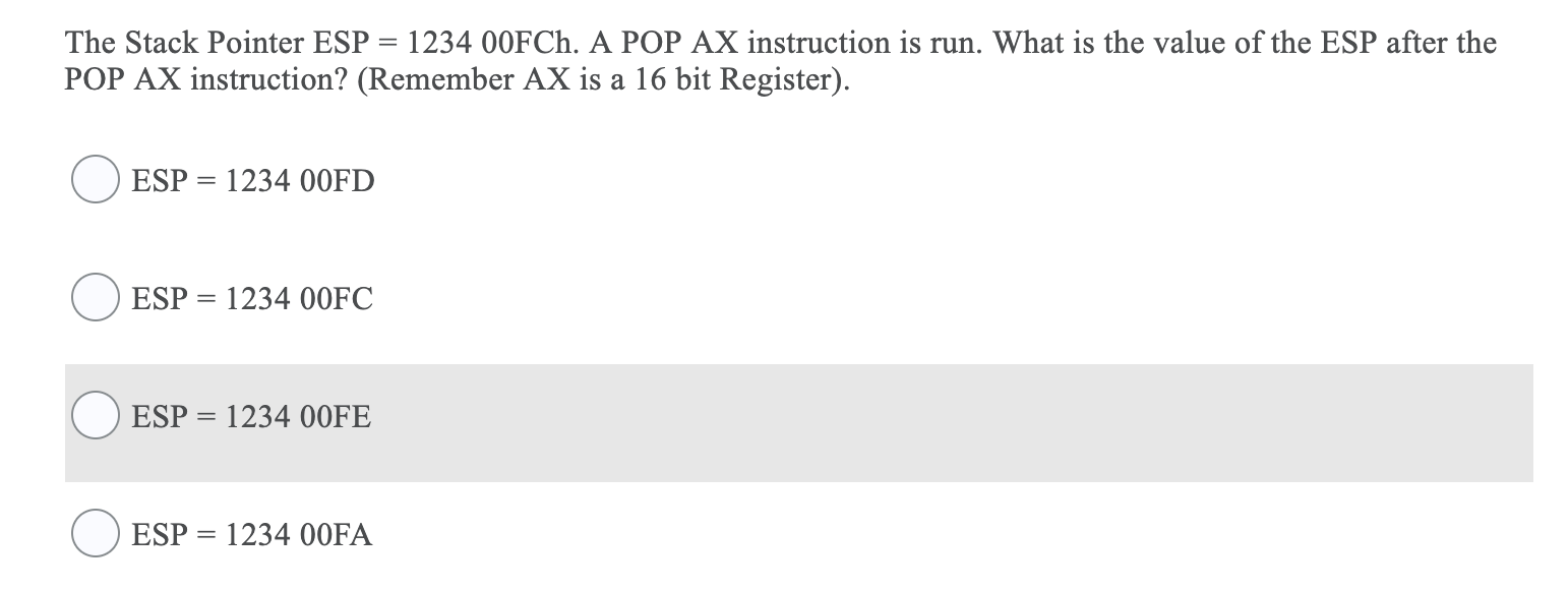 Solved The Stack Pointer ESP = 1234 00FCh. A POP AX | Chegg.com