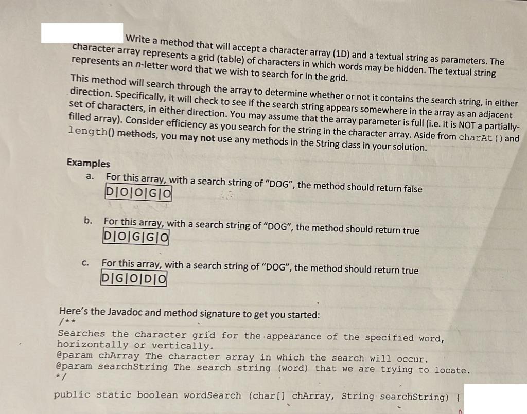 Solved Write a method that will accept a character array | Chegg.com