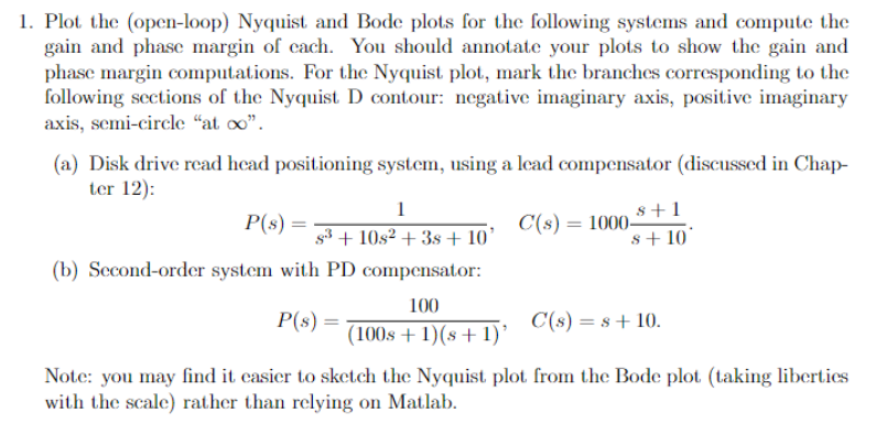 Solved 1. Plot the (open-loop) Nyquist and Bode plots for | Chegg.com