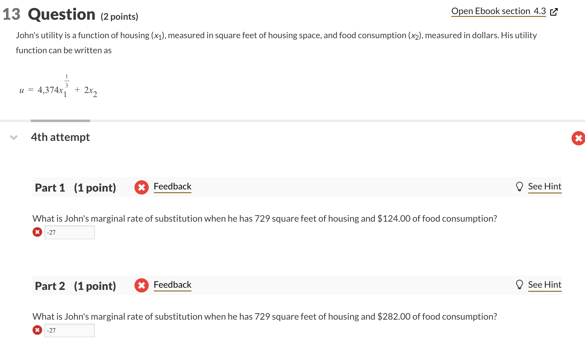 Solved x1 x2 u=4,374x113+2x24th ﻿attemptPart 1 (1 | Chegg.com