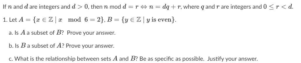 Solved If n and d are integers and d>0, then nmodd=r⇔n=dq+r, | Chegg.com