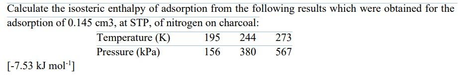 Solved Calculate the isosteric enthalpy of adsorption from | Chegg.com