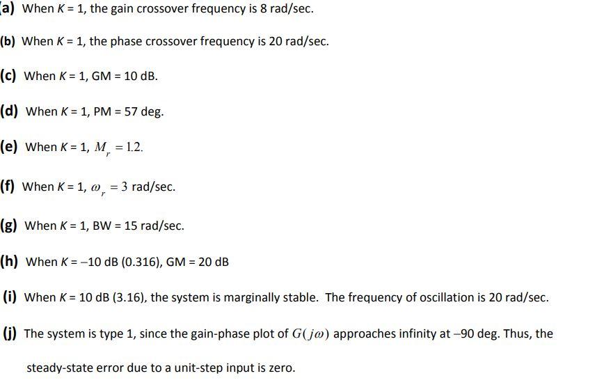 Solved (a) Gain-crossover frequency (rad/sec) when K = 1. | Chegg.com