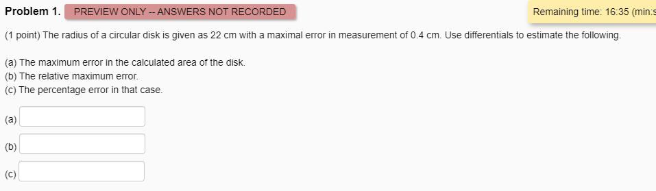 Solved Problem 1. PREVIEW ONLY -- ANSWERS NOT RECORDED | Chegg.com