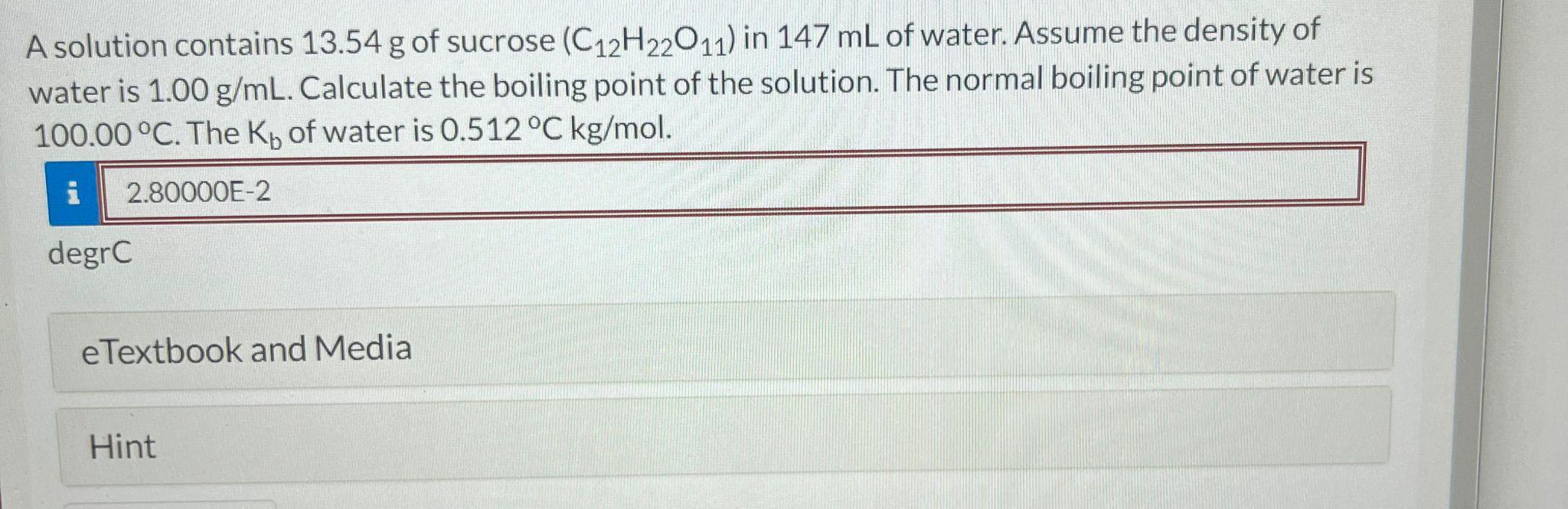 Solved A solution contains 13.54 g of sucrose (C12H22O11) in | Chegg.com