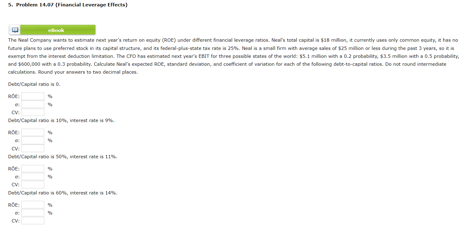 Solved 5. Problem 14.07 (Financial Leverage Effects) | Chegg.com