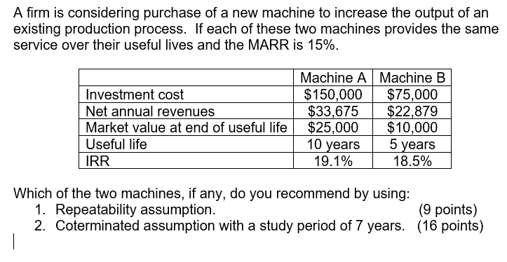 Solved A firm is considering purchase of a new machine to | Chegg.com