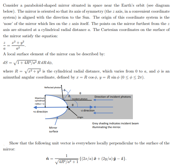 Solved Consider a paraboloid-shaped mirror situated in space | Chegg.com