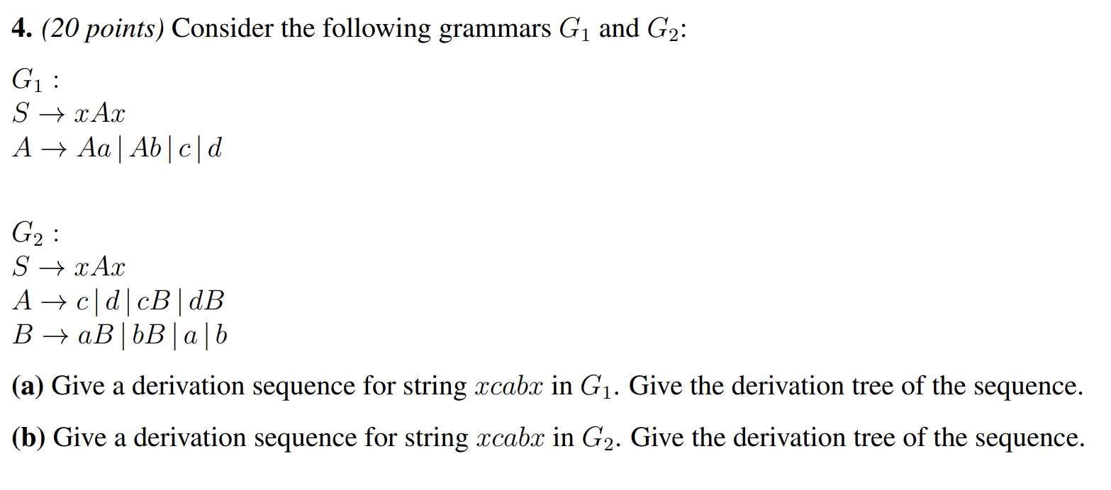 Solved 4. (20 points) Consider the following grammars G1 and | Chegg.com