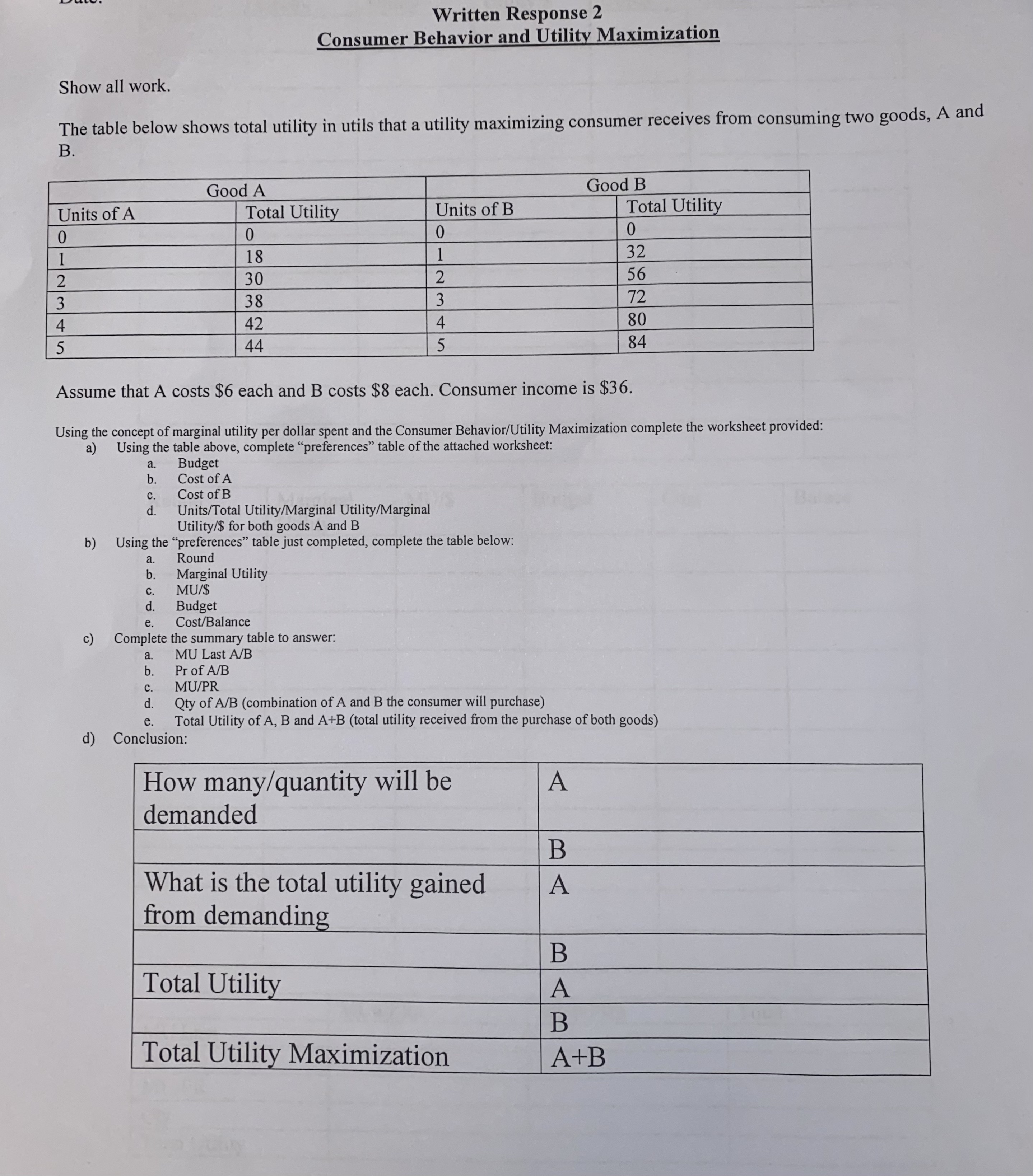 Solved The table below shows total utility in utils that a | Chegg.com